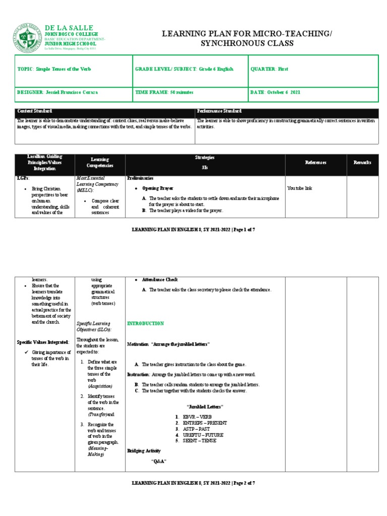 Learning Plan For Micro-Teaching/ Synchronous Class: de La Salle | PDF ...