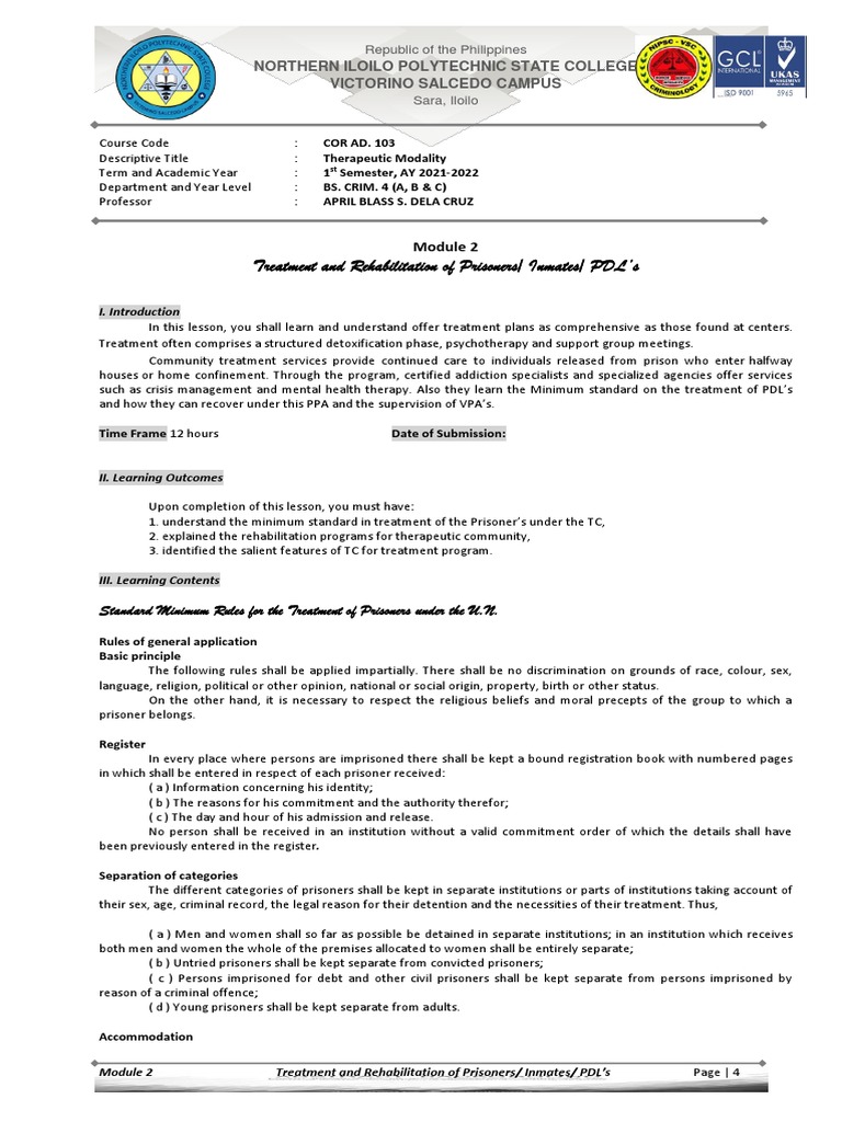 Treatment and Rehabilitation of Prisoners/ Inmates/ PDL's | PDF ...