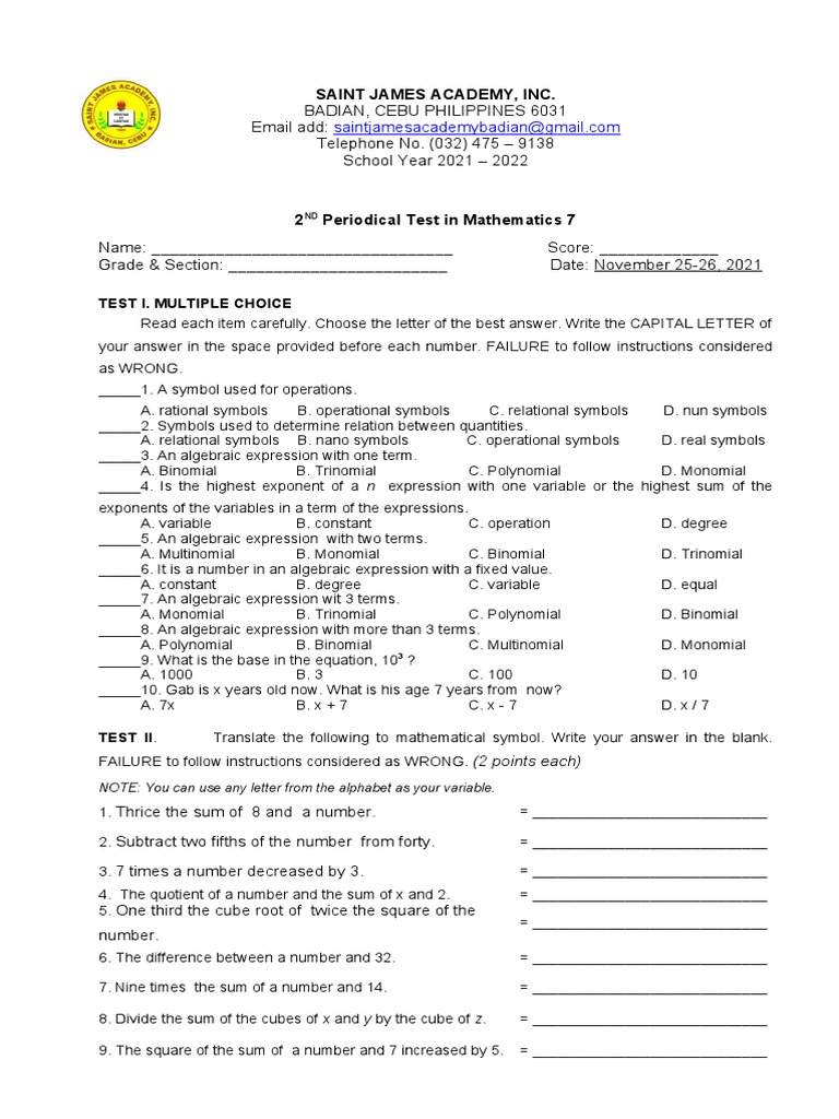 Grade 7 Math Test: Algebra Focus | PDF | Polynomial | Variable ...