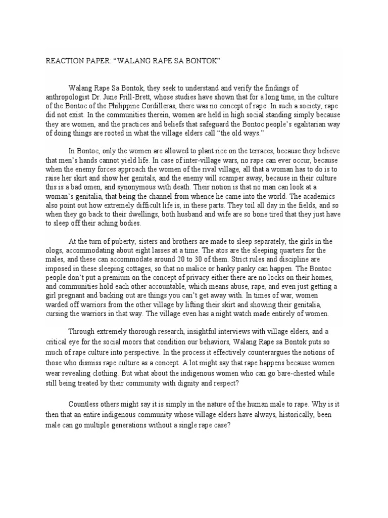 Reaction Paper, Walang Rape Sa Bontoc | PDF | Rape