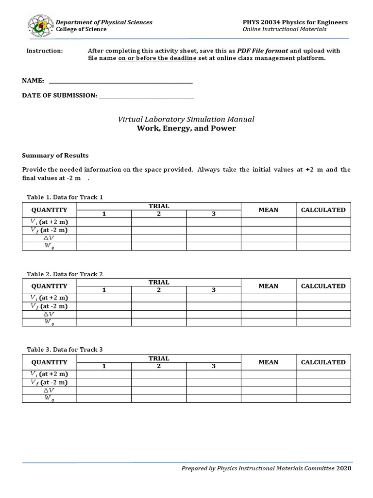 Work, Energy, and Power - Activity Sheet | PDF | Computing
