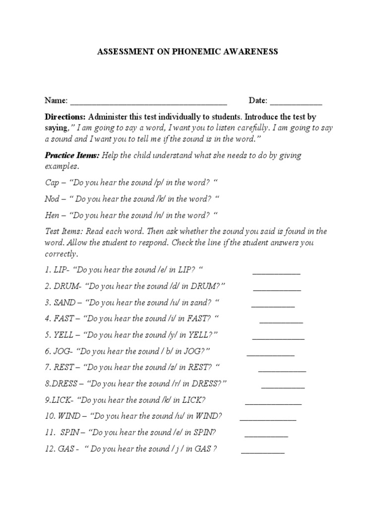 Assessment On Phonemic Awareness: Directions: Administer This Test ...