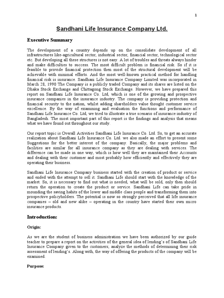 Sandhani Life Insurance Company LTD.: Executive Summary | PDF ...