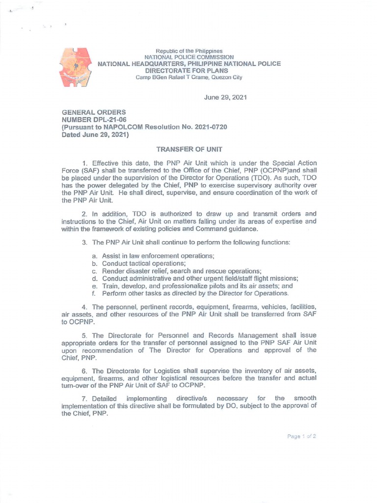 GO No DPL-21-06 (Pursuant To NAPOLCOM Resolution No 2021-0720 Dated ...