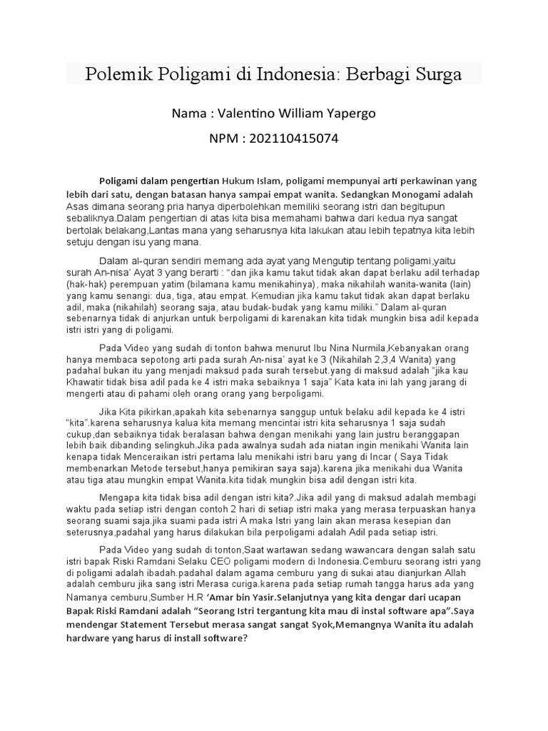 Polemik Poligami Di Indonesia Valentino | PDF | Kesehatan Holistik | Agama & Spiritualitas