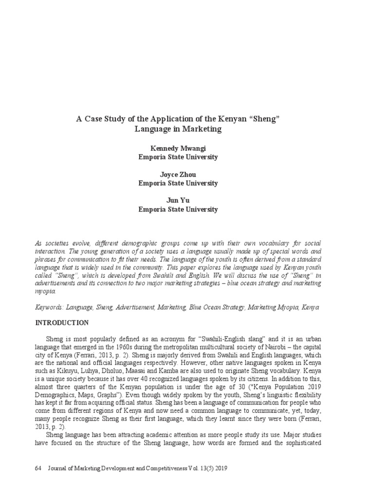 A Case Study of The Application of The Kenyan "Sheng" Language in ...