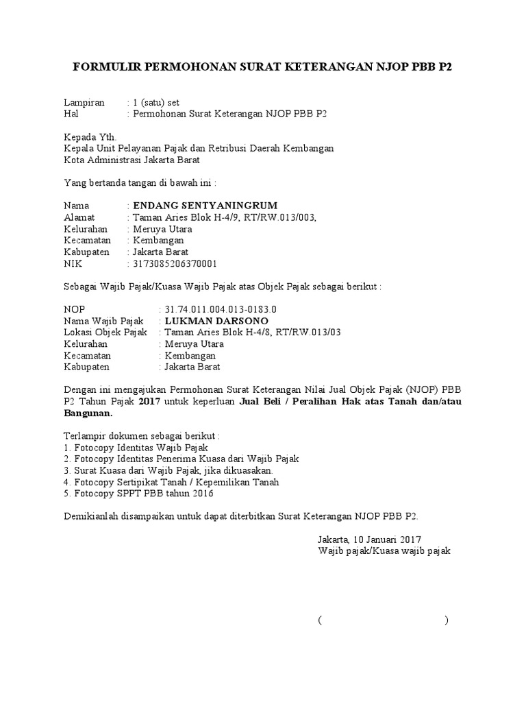 Formulir Permohonan Surat Keterangan Njop PBB P2 | PDF