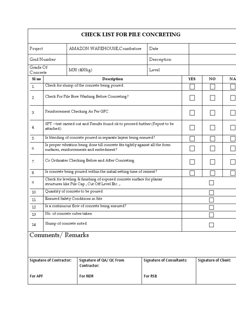 Check List For Pile Concreting 14.08.2020 | PDF