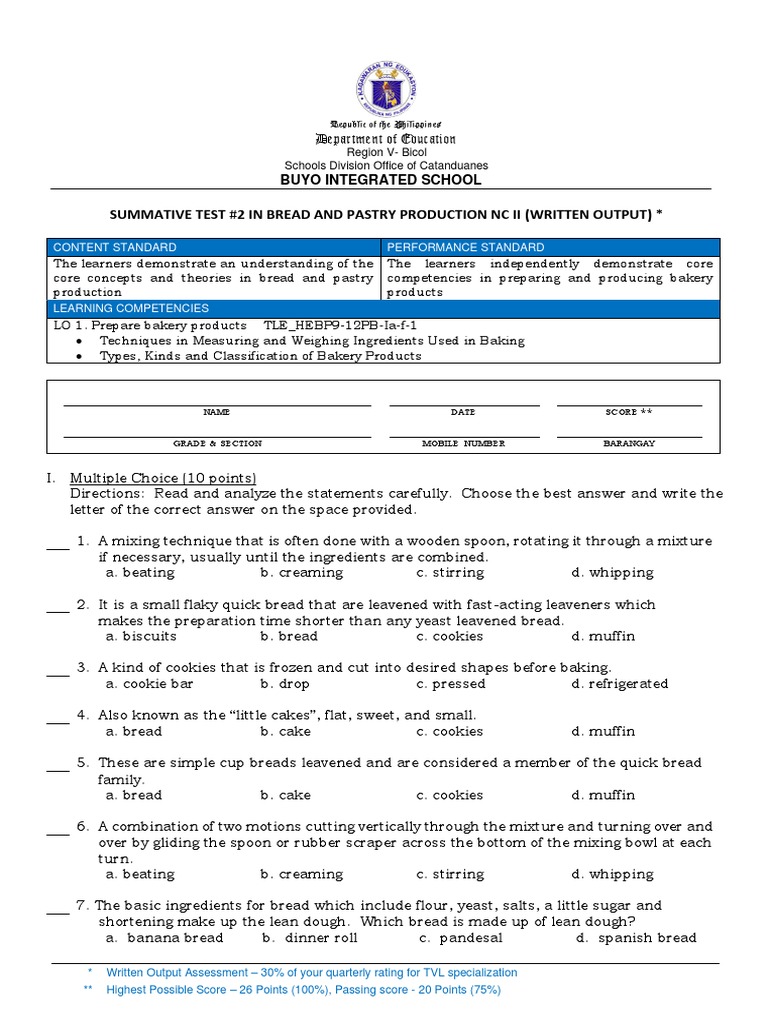 Bread and Pastry NC II Assessment Test | PDF | Teaspoon | Breads