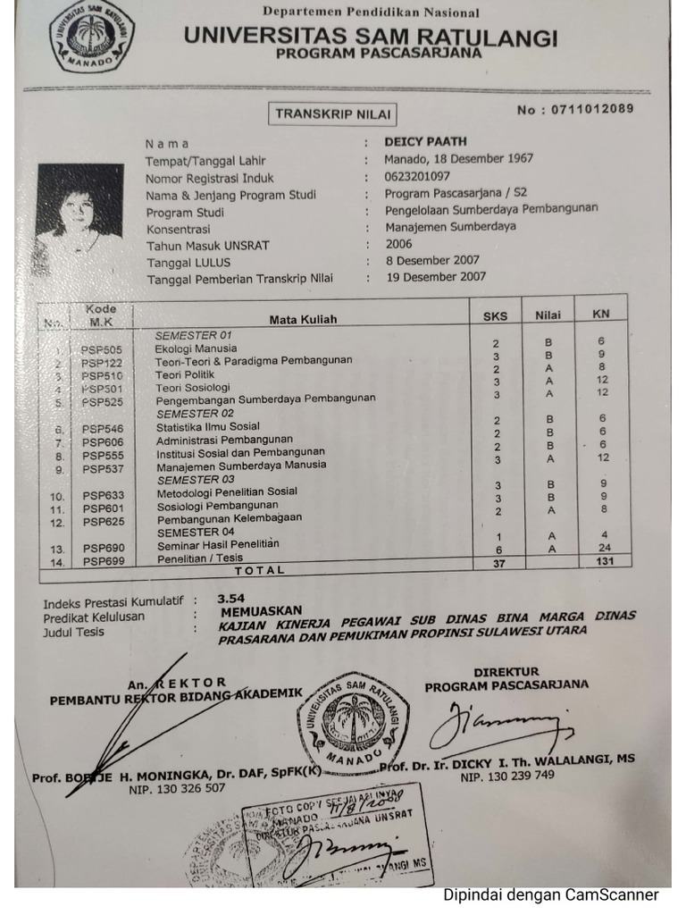 Contoh Transkrip Nilai | PDF