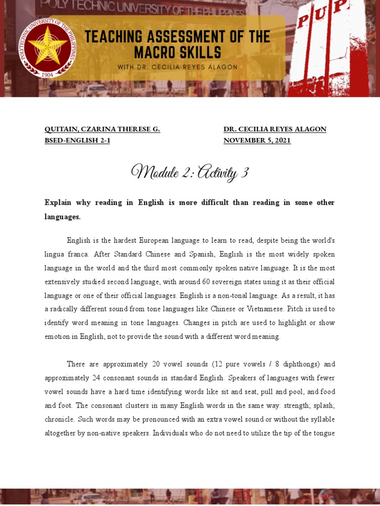 QUITAIN, Czarina Therese - BSED-EnG 2-1 - Module 2 - Activity 3 | PDF | Phonics | Fluency