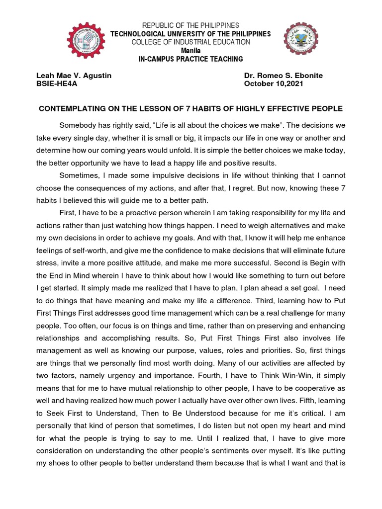 Reflection in 7 Habits of Highly Effective People | PDF | Applied ...