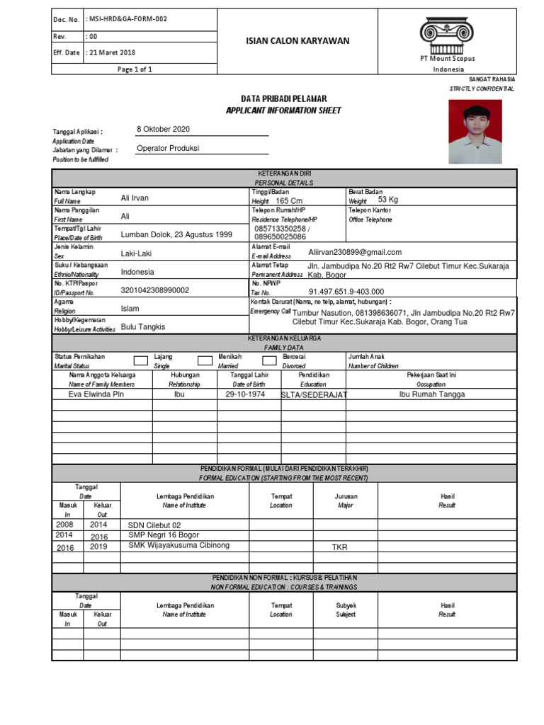 MSI-HRD&GA-FORM-002 Isian Calon Karyawan | PDF