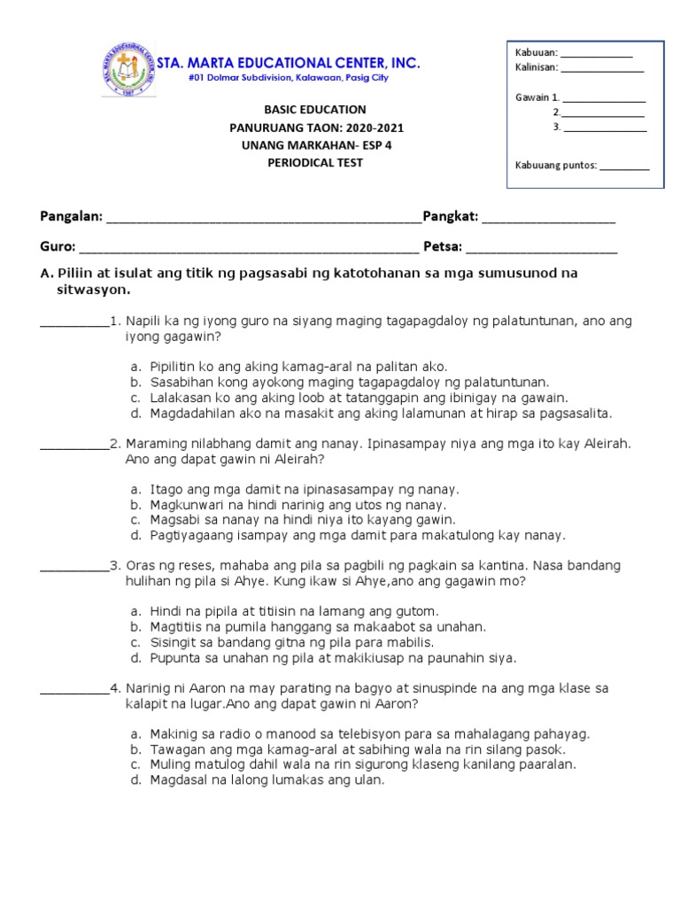 1st Quarter Exam ESP 4 | PDF