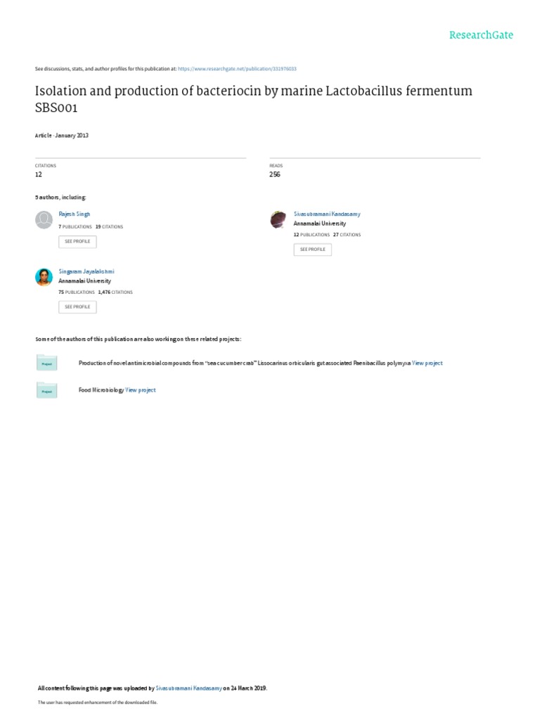 Isolation and Production of Bacteriocin by Marine Lactobacillus Fermentum SBS001 | PDF ...