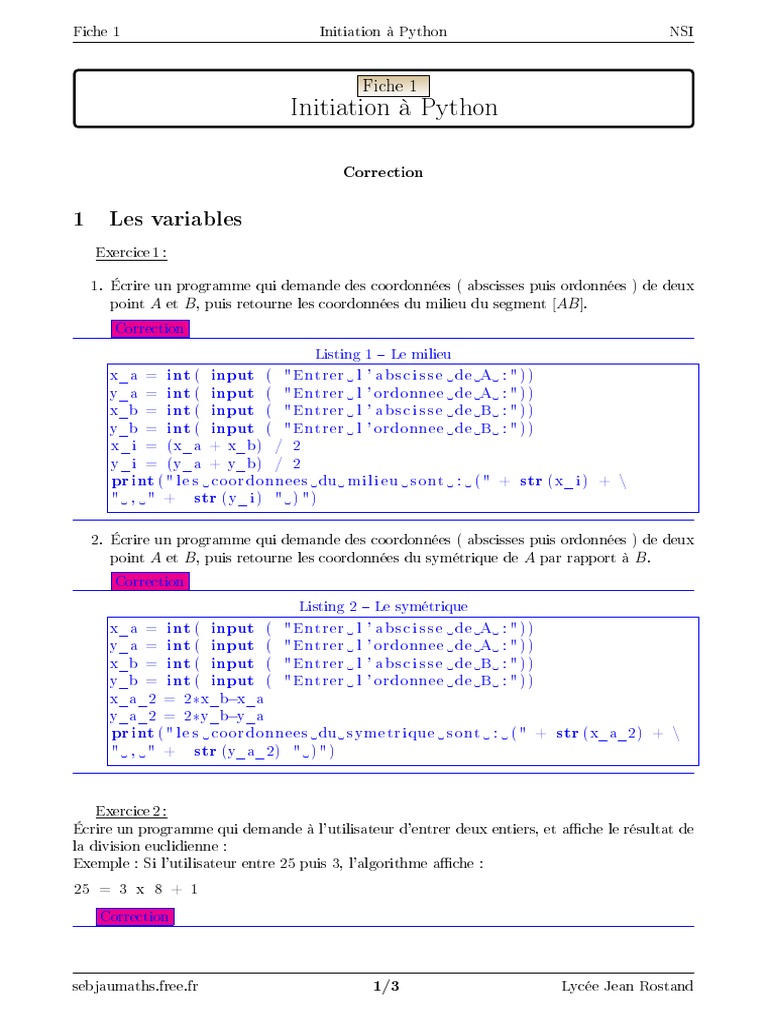 Corrige Nsi Fiche Dexercice 1 Pdf Python Langage De Programmation