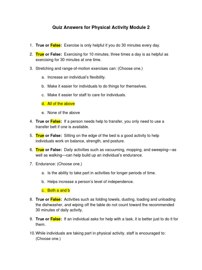 Physical Activity Quiz Answers | PDF | Career & Growth | Self-Improvement
