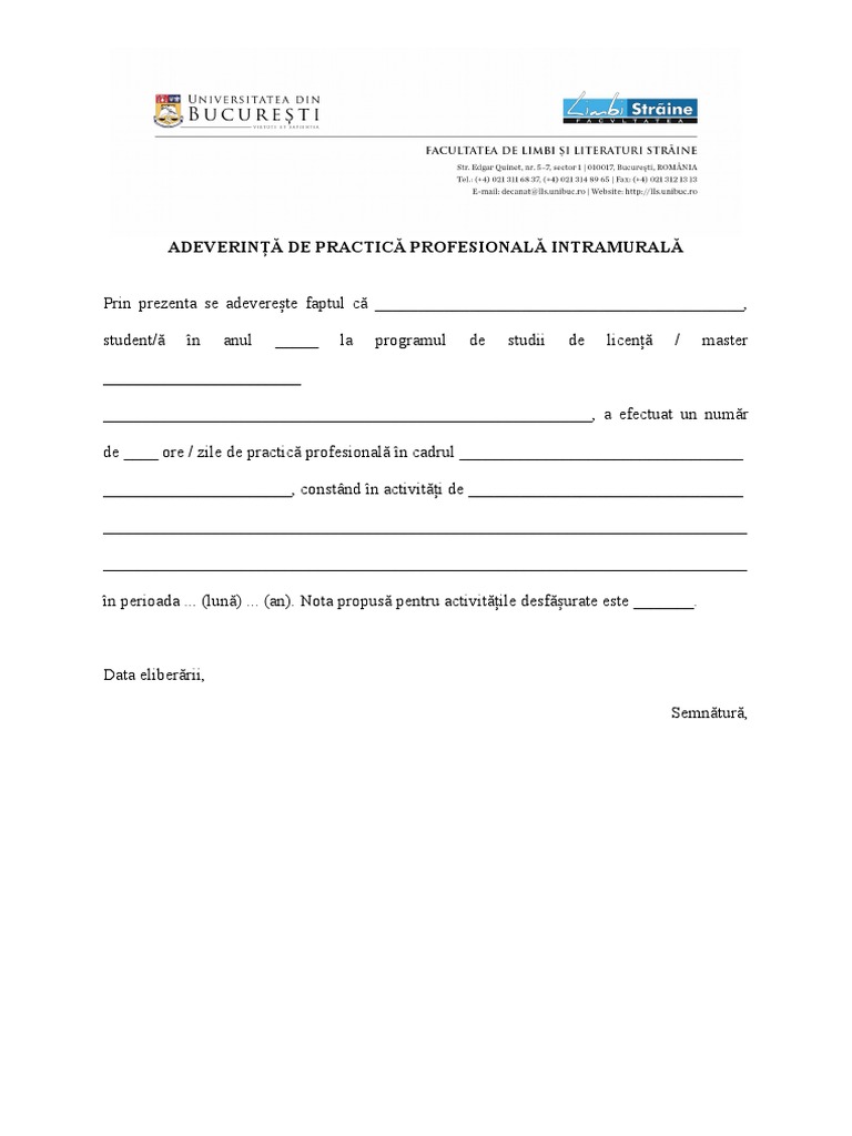 Adeverinta Practica Profesionala Intramurala | PDF