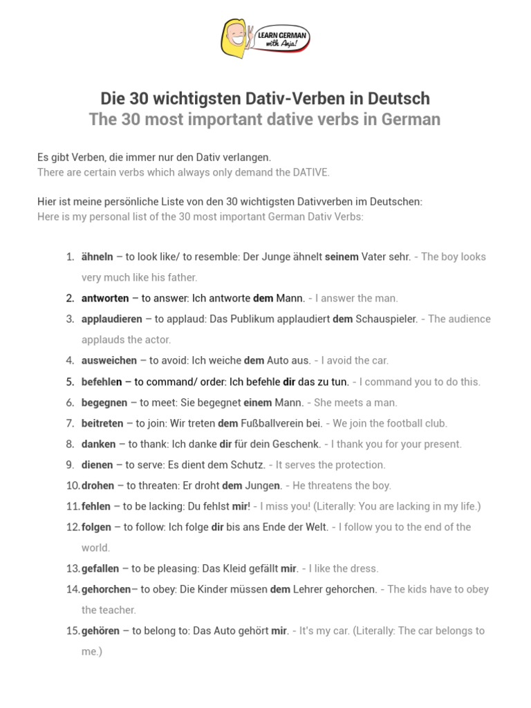 QjBEyXSSASVap0xVVaXY The 30 Most Important German Dative Verbs | PDF