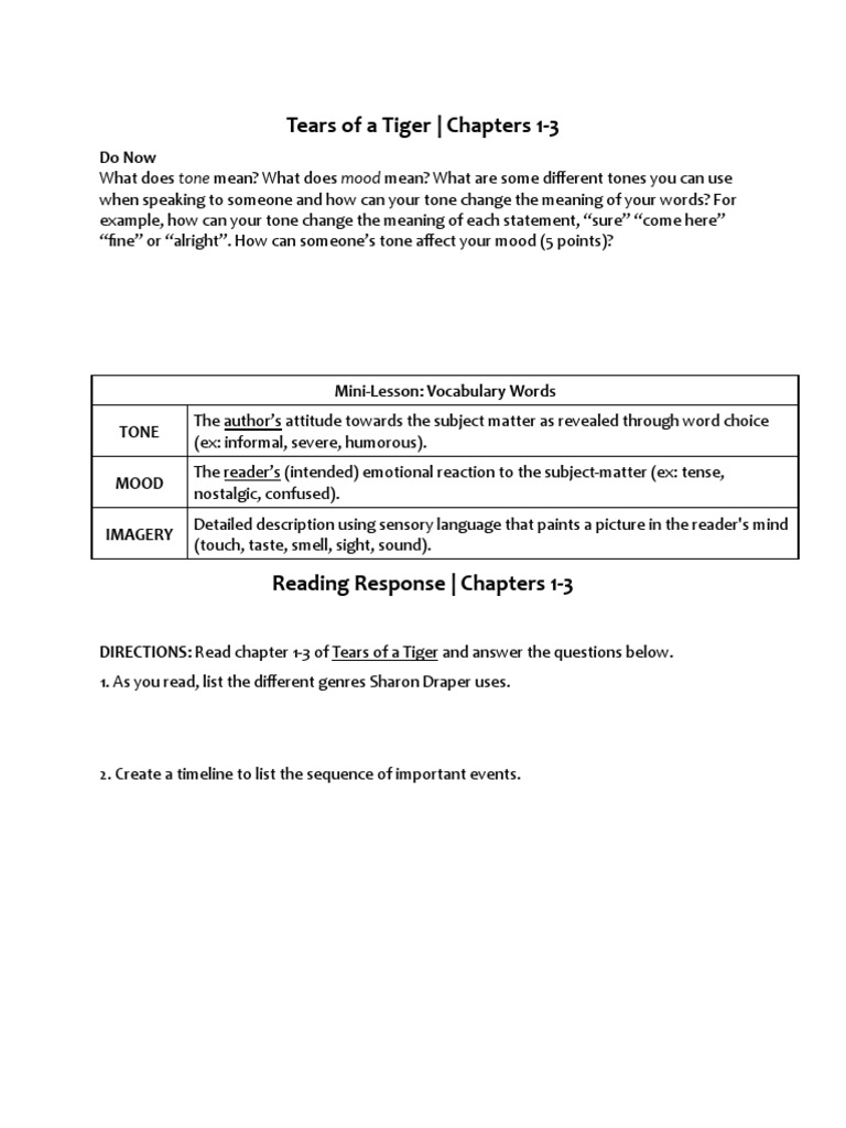 Tears of a Tiger: Chapters 1-3 Guide | PDF