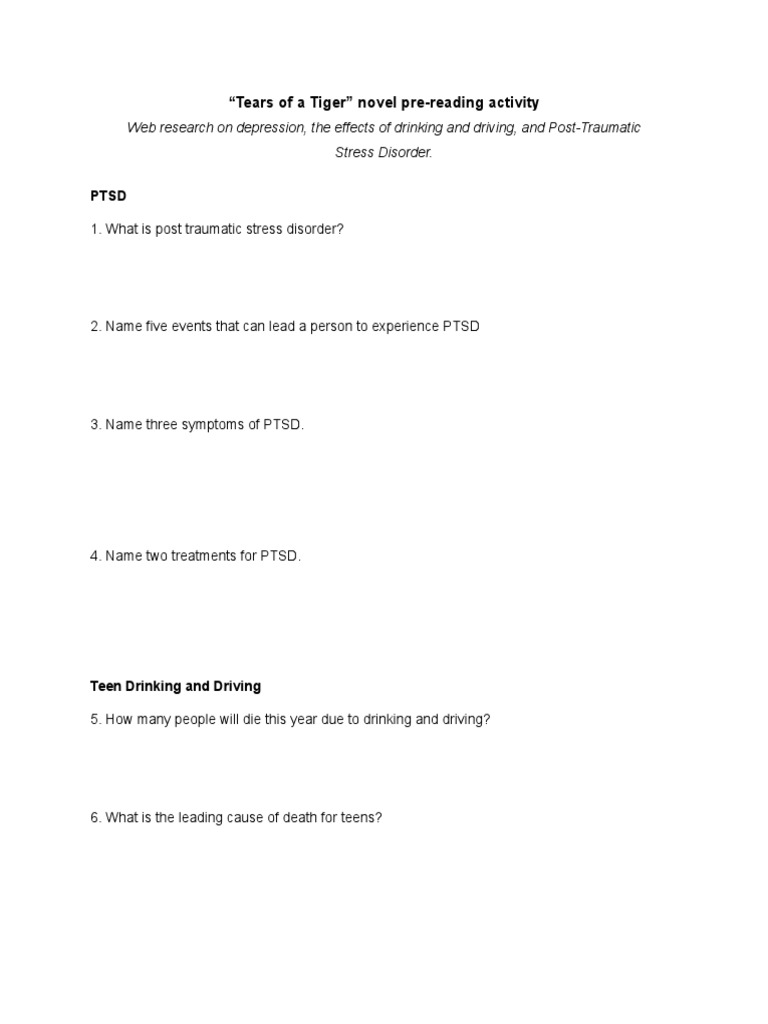 "Tears of A Tiger" Novel Pre-Reading Activity | PDF