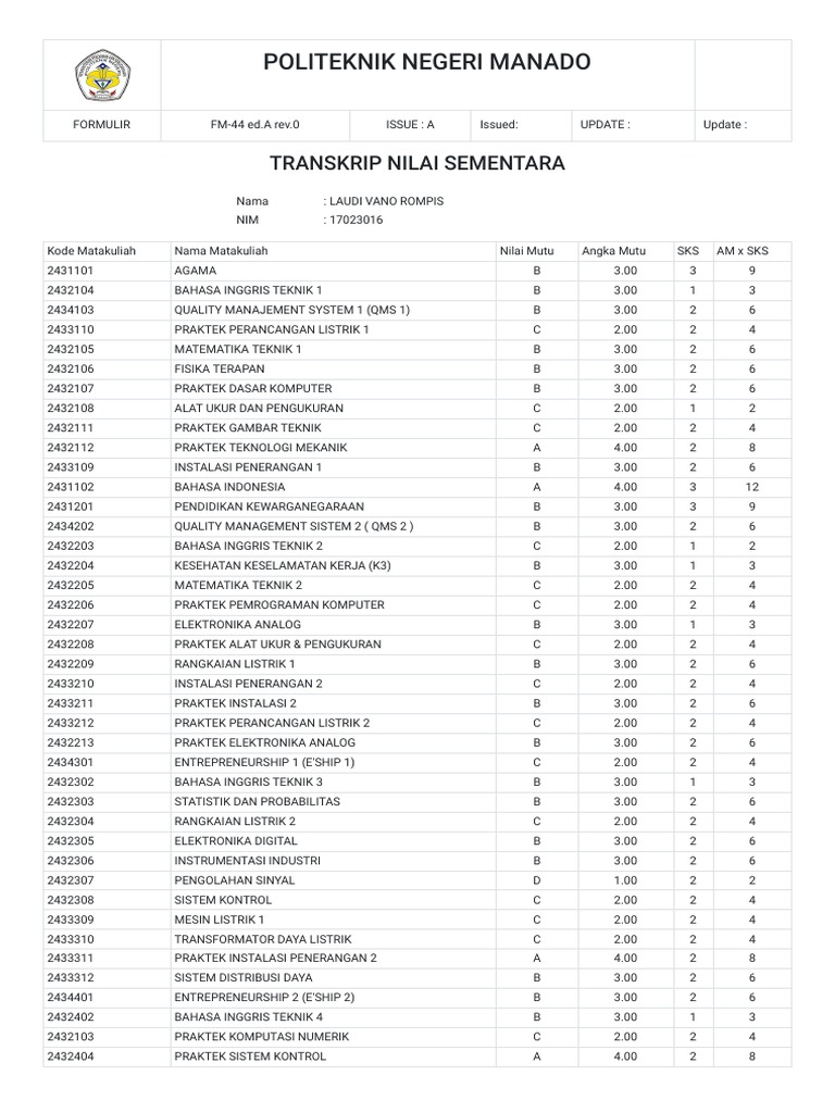 Politeknik Negeri Manado: Transkrip Nilai Sementara | PDF