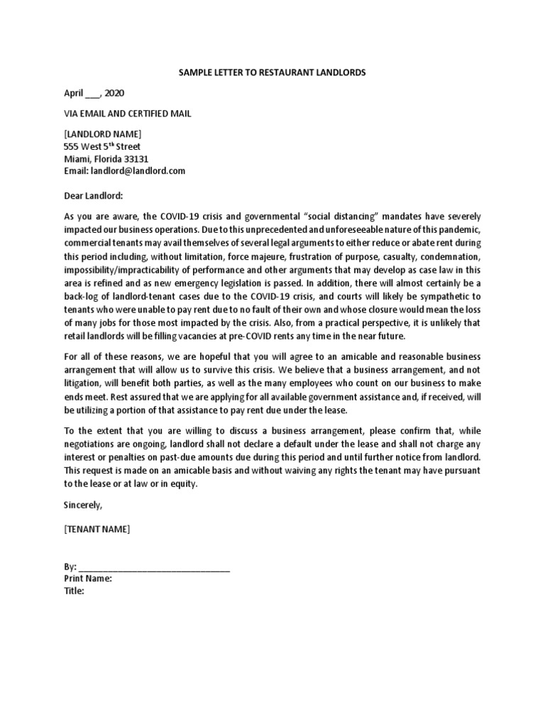 Sample Letter To Restaurant Landlords | PDF