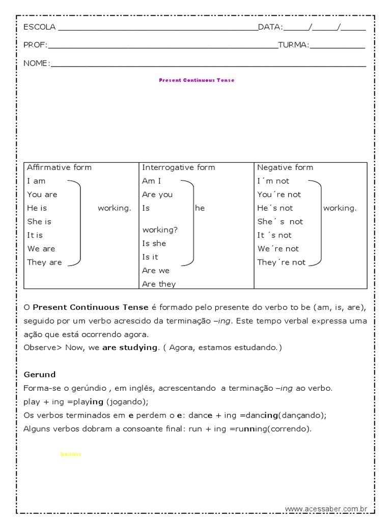 Atividade Present Continuous Tense | PDF