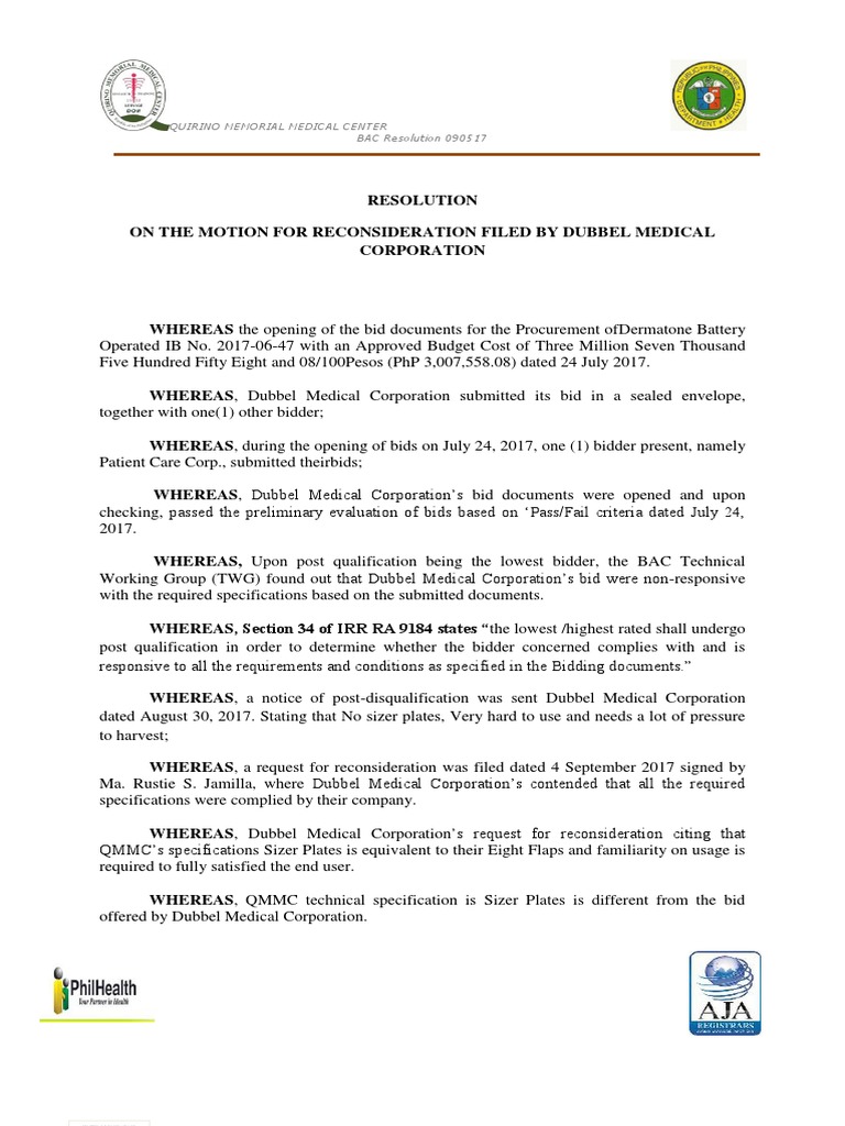 Quirino Memorial Medical Center BAC Resolution 090517 | PDF