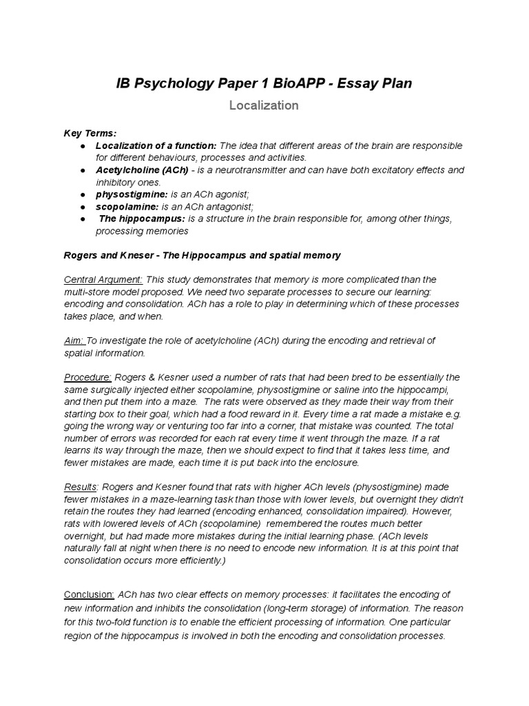 IB Psychology Paper 1 BioAPP - Essay Plan | PDF | Hippocampus | Memory