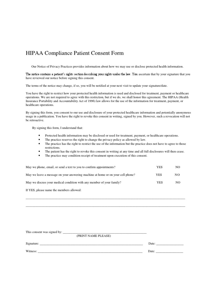 HIPAA Compliance Patient Consent Form | PDF | Health Insurance ...