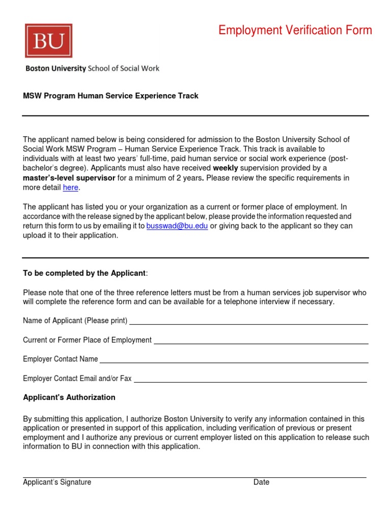 Employment Verification Form: MSW Program Human Service Experience ...