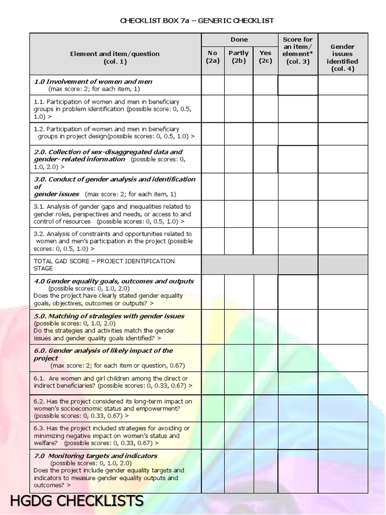 HGDG Checklists: Checklist Box 7A - Generic Checklist | PDF | Gender ...