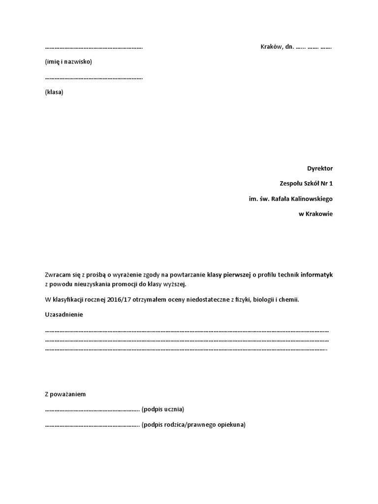 Podanie o Powtarzanie Klasy | PDF Podanie o Powtarzanie Klasy | PDF