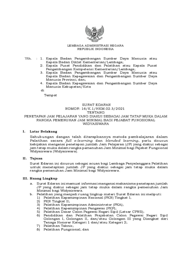 SE 16-2021 Penetapan Jumlah JP Yang Diakui Sebagai Jam Tatap Muka Dalam ...