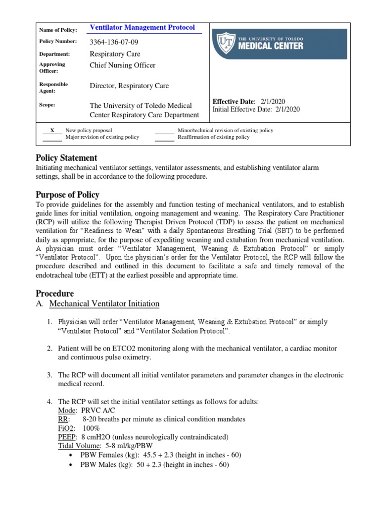 Ventilator Management Protocol | PDF | Breathing | Respiratory System