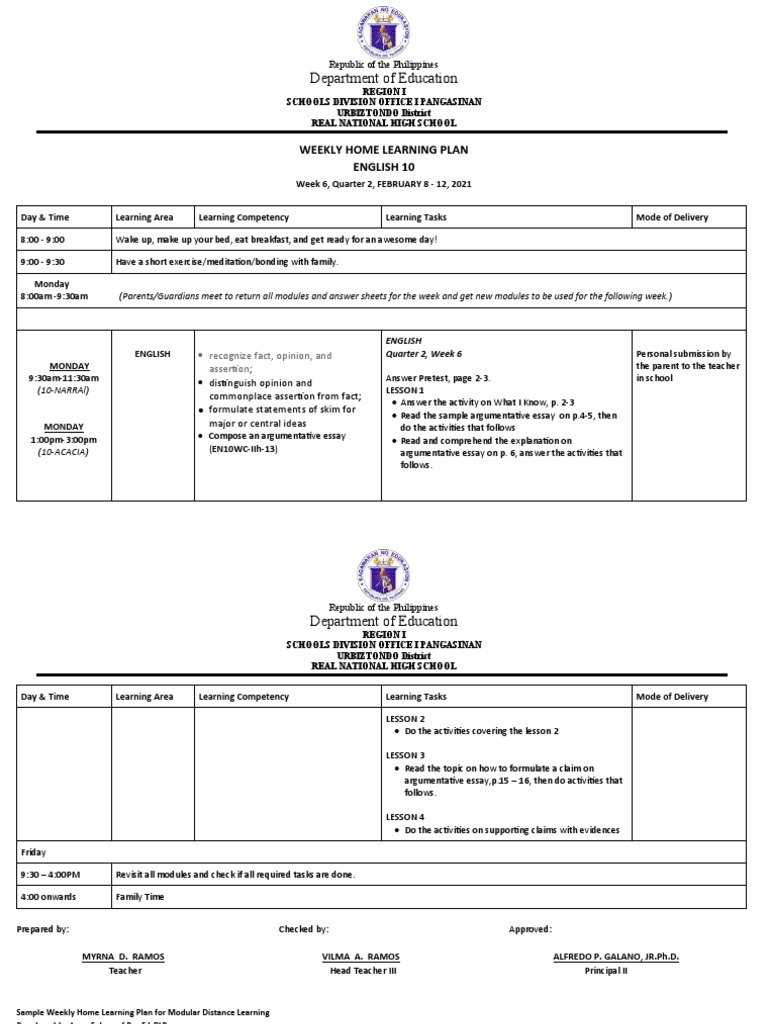 Department of Education: Weekly Home Learning Plan English 10 | PDF ...