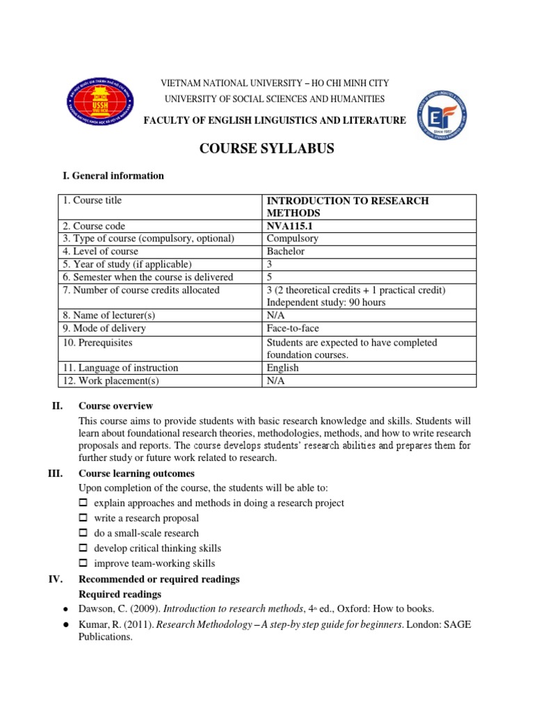 Course Syllabus: I. General Information Introduction To Research ...