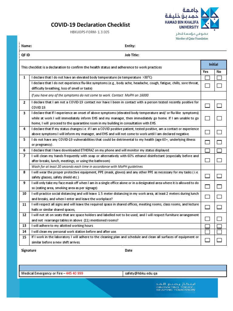Form Covid-19 Employee Checklist v1 | PDF | Personal Protective ...