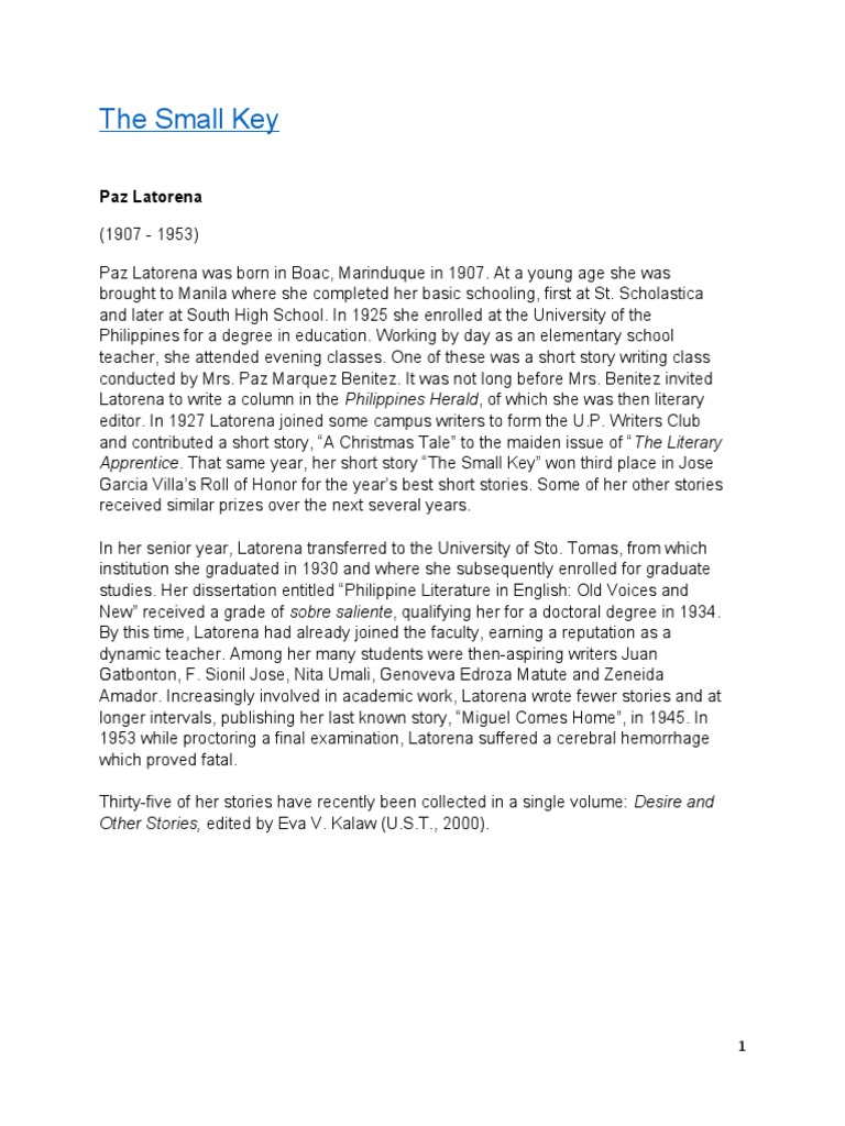 The Small Key: Paz Latorena | PDF