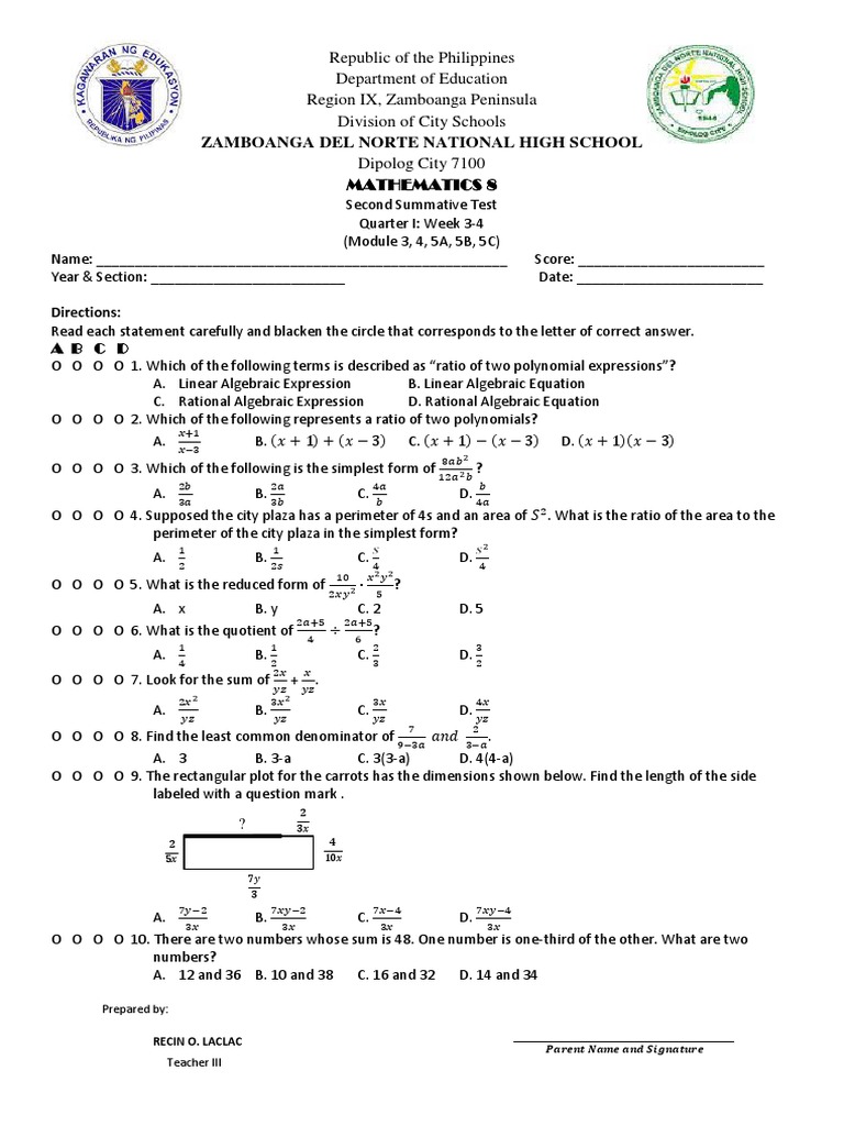 Math8 Summative Test Q1 wk3 4 2021 2022 | PDF | Equations | Polynomial