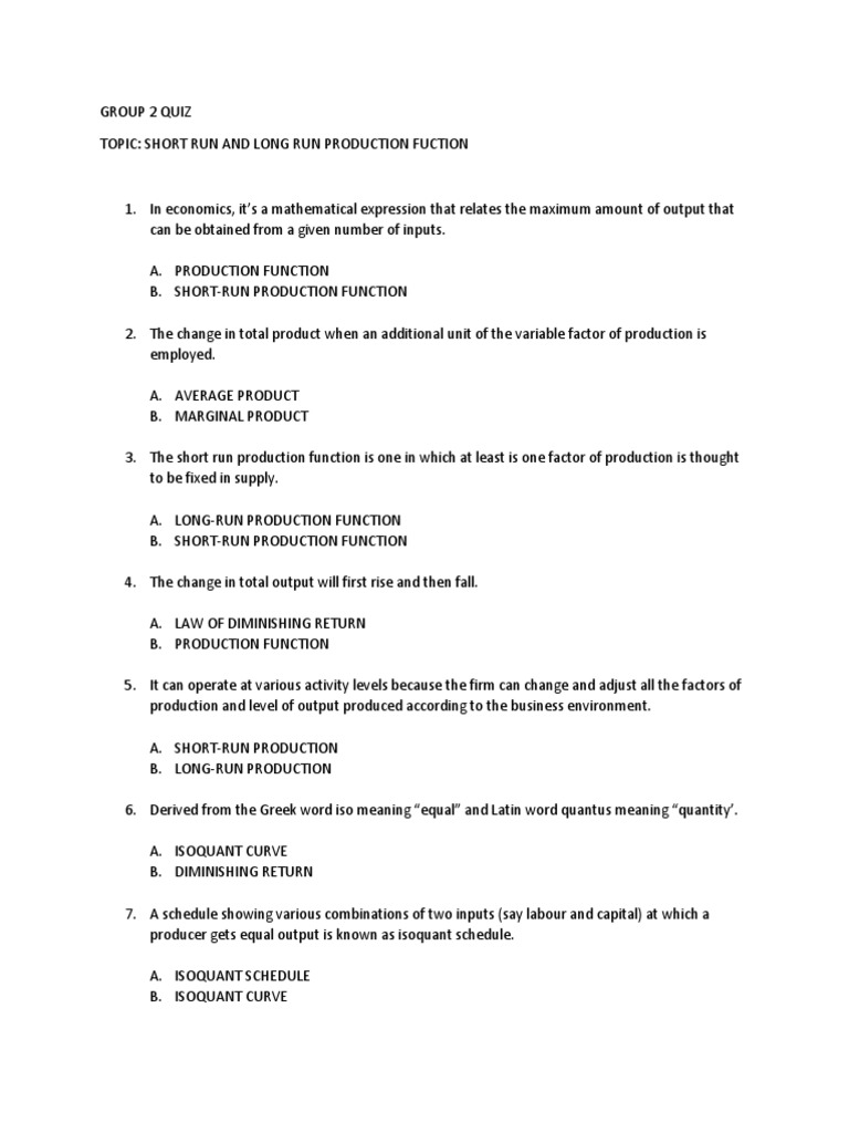 Production Functions Quiz Overview | PDF | Production Function | Long ...