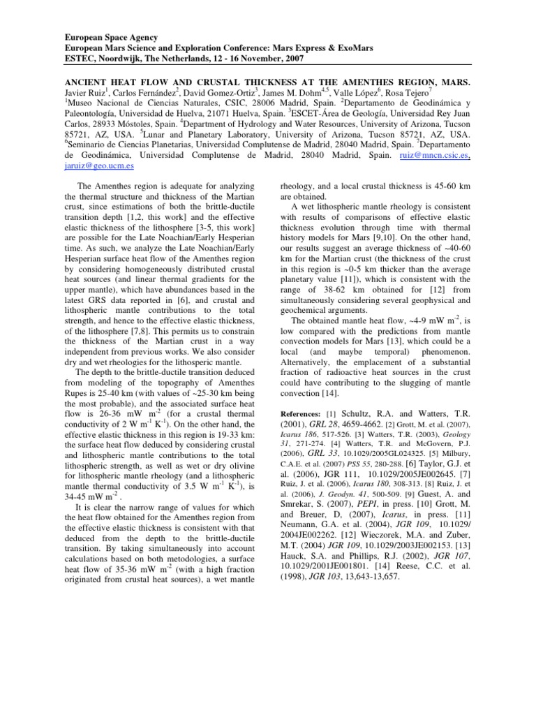 Ancient Heat Flow and Crustal Thickness at The Amenthes Region Mars ...