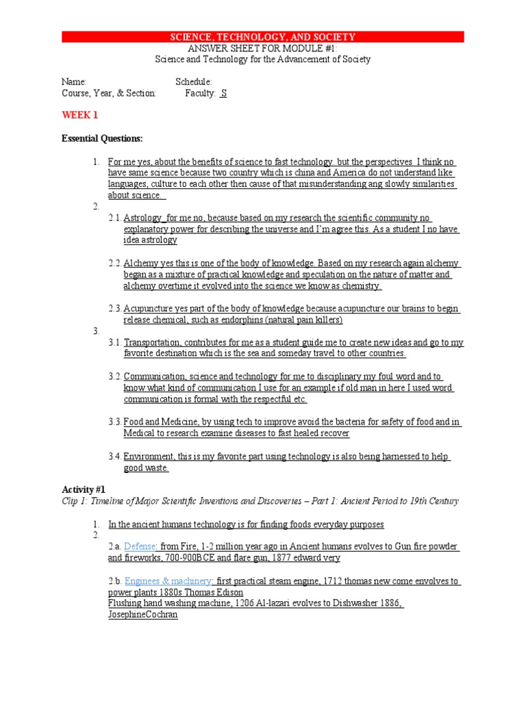 STS - MODULE1 - Answer Sheets | PDF | Science | Sustainability