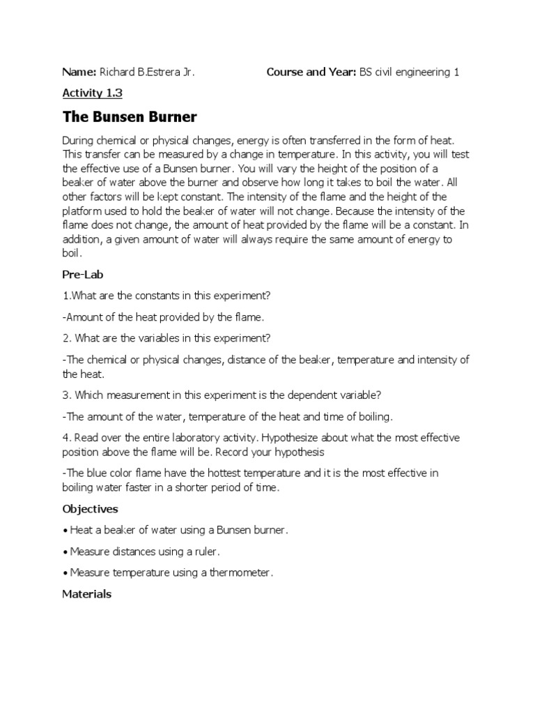 The Bunsen Burner (Lab) | PDF | Heat | Experiment