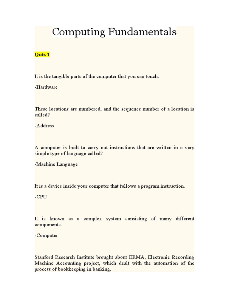 Computing Fundamentals: Quiz 1 | PDF | Spreadsheet | Operating System Computing Fundamentals: Quiz 1 | PDF | Spreadsheet | Operating System