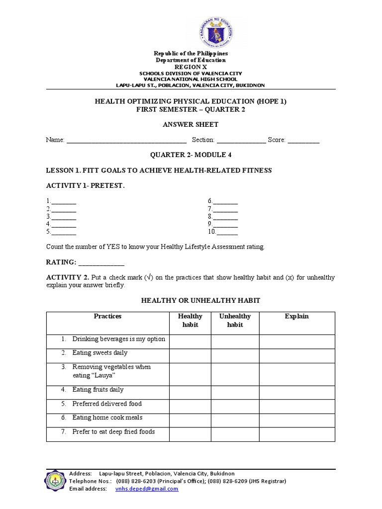 Valencia HS HOPE 1 Answer Sheet | PDF | Physical Fitness | Heart Rate