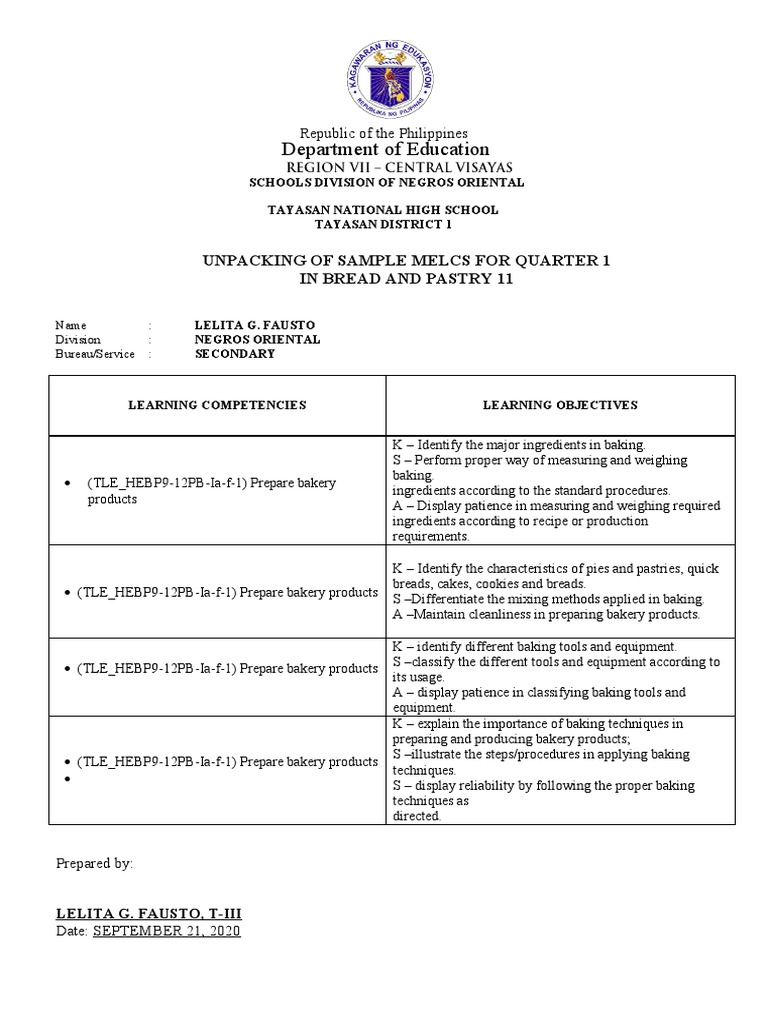 Department of Education: Unpacking of Sample Melcs For Quarter 1 in ...