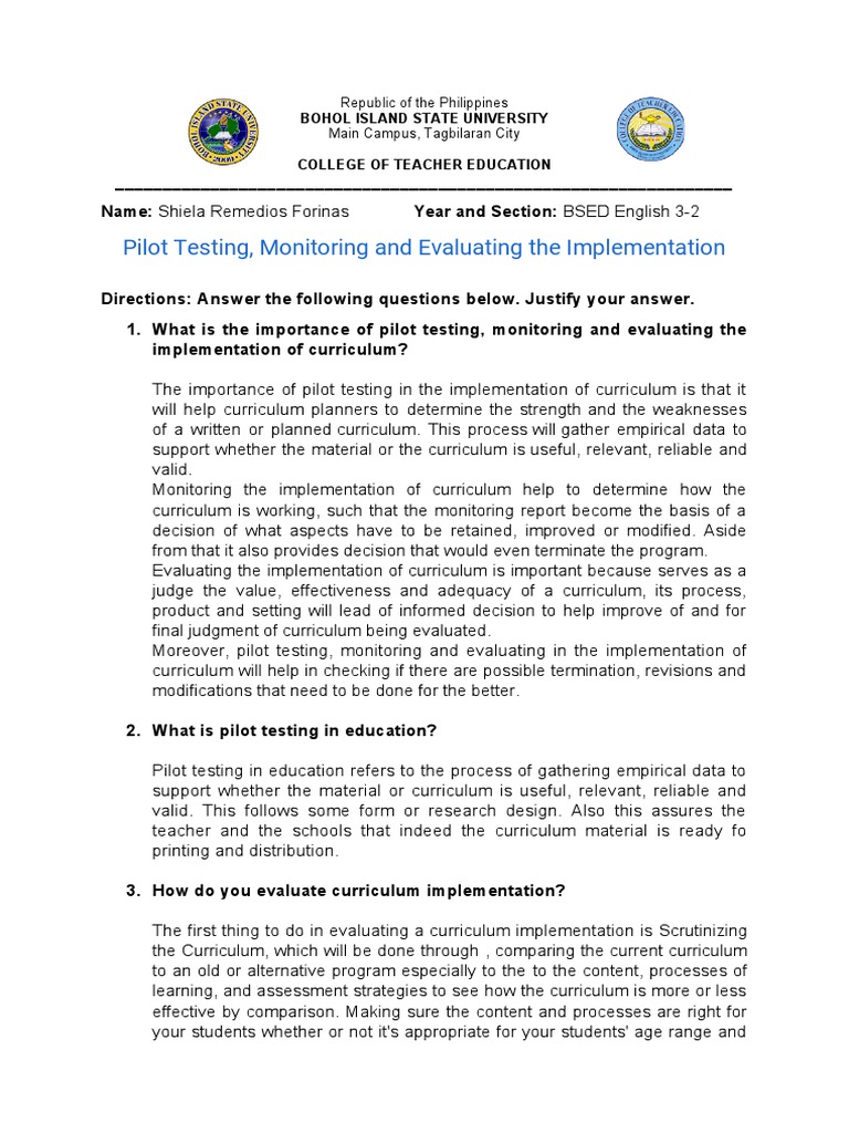 Educ 9 Pilot Testing, Monitoring and Evaluating The Implementation ...