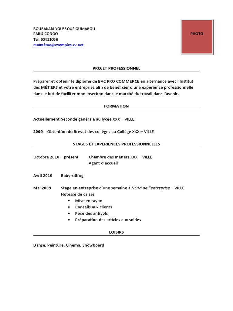 Exemple de CV Bac Pro Commerce | PDF | Évolution de carrière